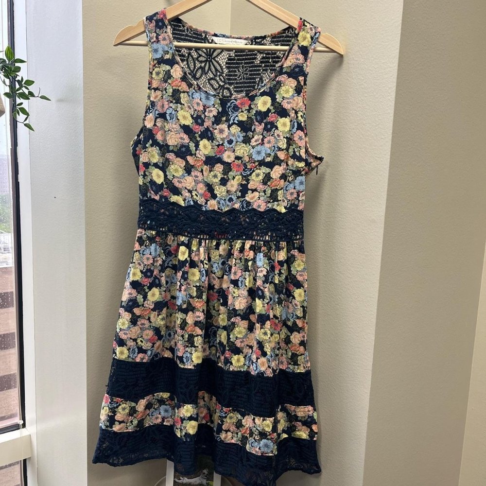 Navy Blue Dress With Multicolored Floral Pattern - Gem